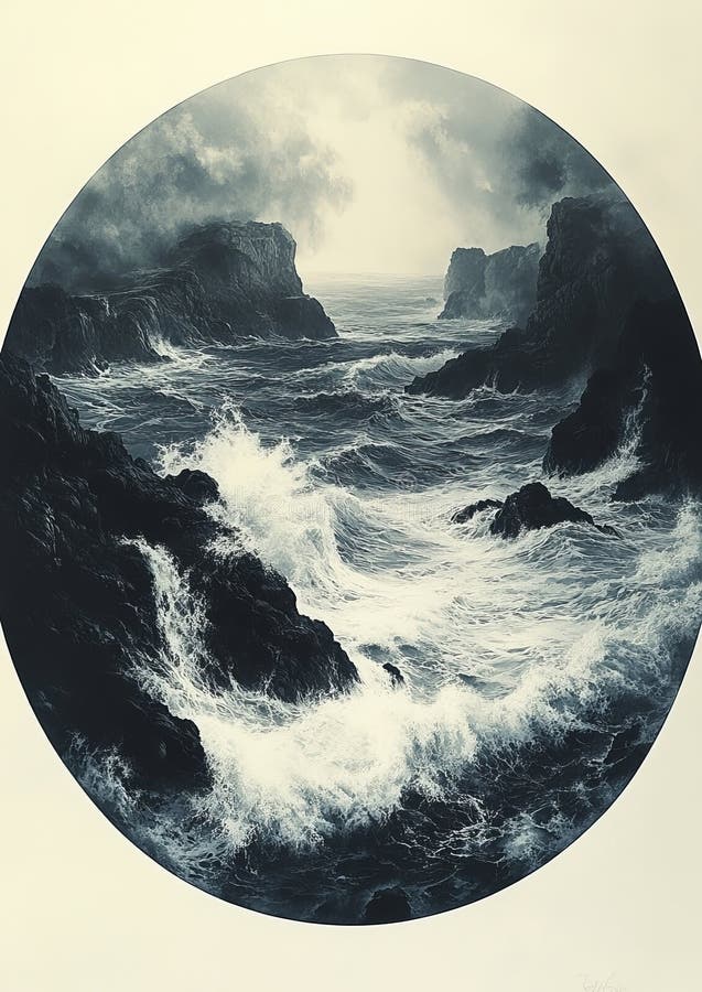 Rising Waves Against the Rocks Stock Illustration - Illustration of ...