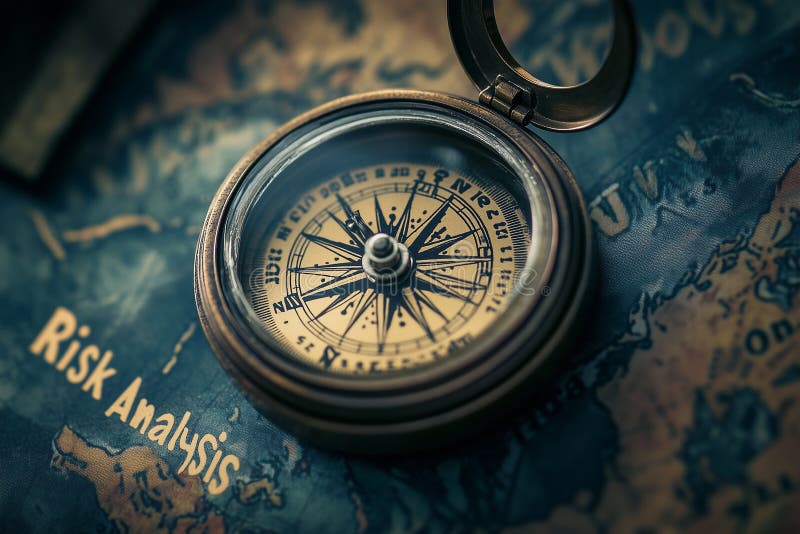 Risk Analysis Guide with a Compass on a Detailed World Map for Decision ...