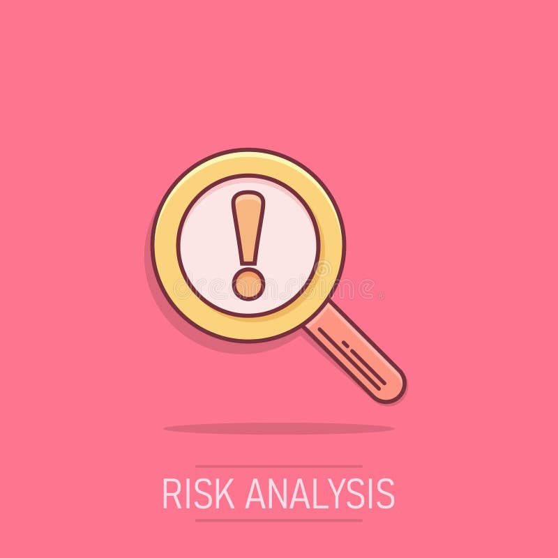Risk Analysis Icon in Comic Style. Exclamation Magnifier Cartoon Vector ...