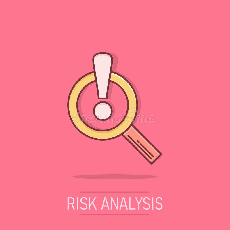 Risk Analysis Icon in Comic Style. Exclamation Magnifier Cartoon Vector ...