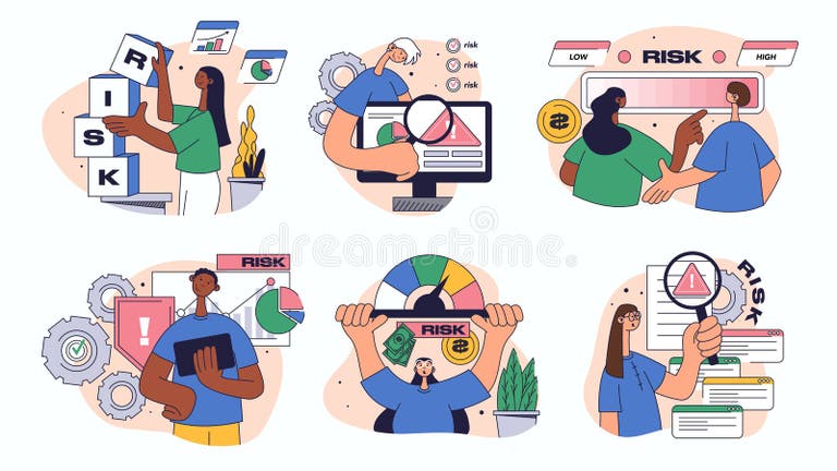 Risk Management Concept Set for Web Design. Collection with People Analyzing Meter Data, Solving ...