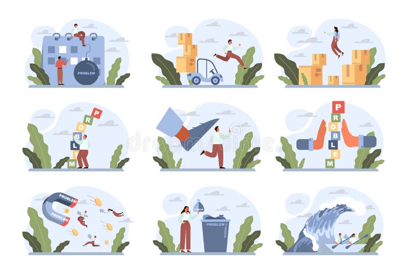 Risk or Problem Concept Set. Unhappy Character Under Difficult Stock ...