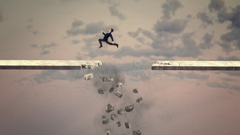 Man Jumps Over Gap of a Bridge at High Altitude Above Clouds . Stock ...