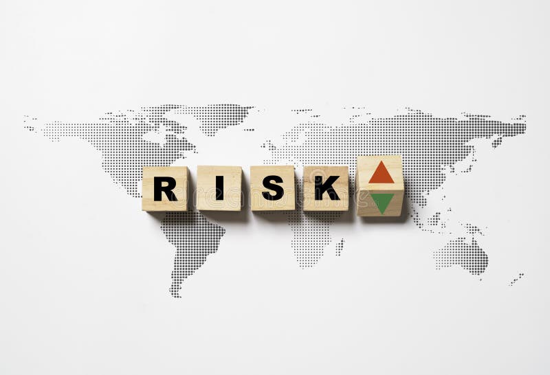 Risk Wording with Red Up Arrow and Green Down Arrow on World Map for ...