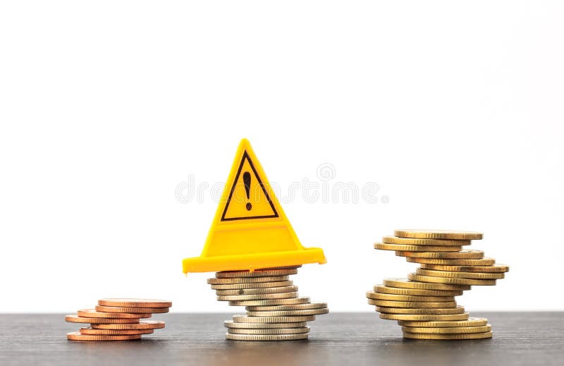 Risky Coin Stack and Warning Label on White Background.Financial Crisis ...