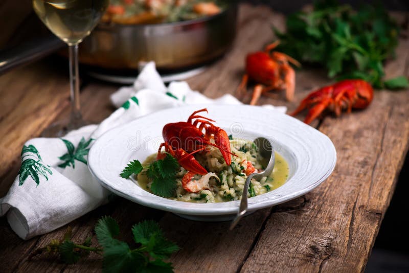 Risotto with Nettles and Crayfish.style Rustic Stock Image - Image of ...