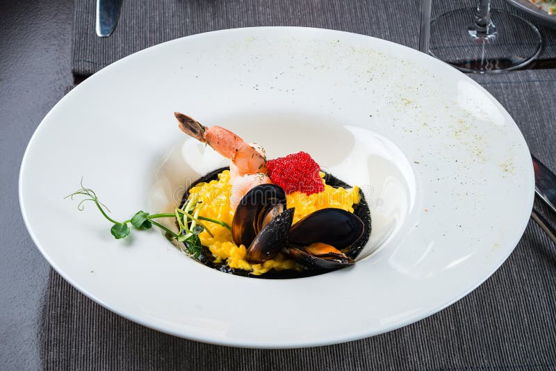 Risotto with Seafood Rice, Shrimp and Mussels Stock Image - Image of ...
