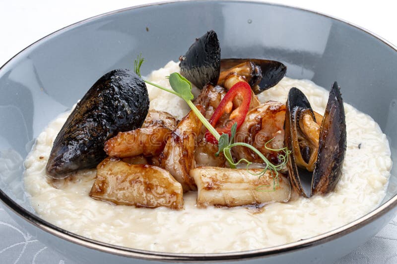 Risotto with Seafood: Shrimp and Mussels. Isolated Image Stock Photo ...