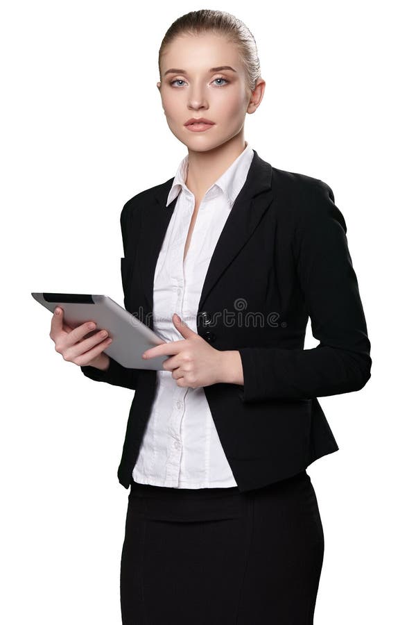 Ritratto Della Ragazza Con La Compressa in Vestito Fotografia Stock ...