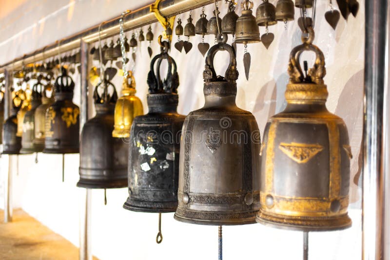Ritual Bells of Different Sizes in a Buddhist Temple Stock Image ...