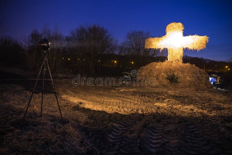 Ritual Bonfire in the Forest. Evening Beautiful Bonfire of Burning Pine ...