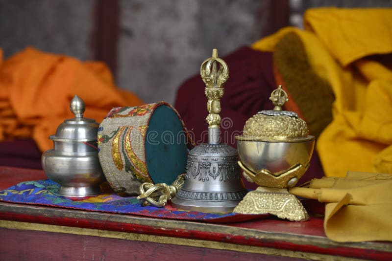 Closeup of the Ceremonial Objects in Tibetan Buddhist Monastery in ...