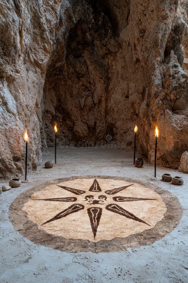 Ritual Circle in a Cave Illuminated by Torches. Stock Illustration ...