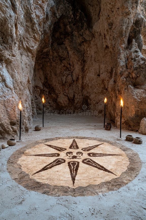 Ritual Circle in a Cave Illuminated by Torches. Stock Illustration ...