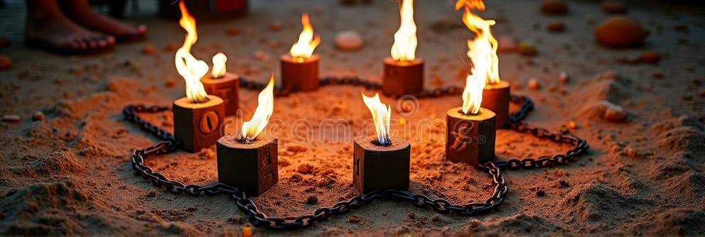 Ritual Fire on Beach with Flaming Candles in Sand Circle Bounded by ...