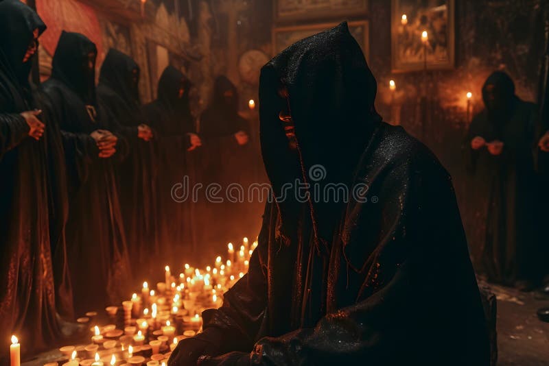 Ritual of Medieval Priests with Candles in the Temple. Neural Network ...