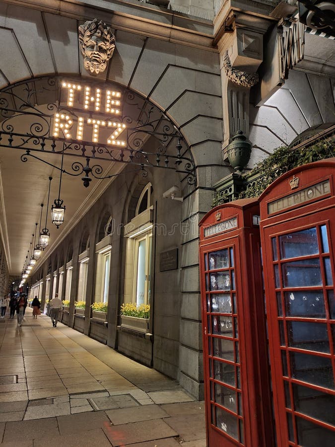 The Ritz Hotel in London and Classic Red Telephone Booths Editorial ...