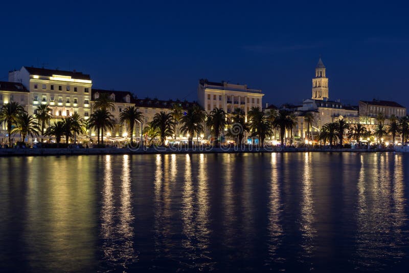 Riva Promenade in Split at Dark Stock Photo - Image of evening, tower ...