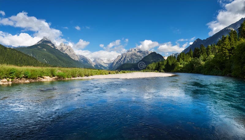 River and Alpine Forest stock illustration. Illustration of adventure ...