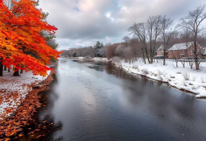 A River in the Autumn with the First Fall of Snow Stock Illustration ...