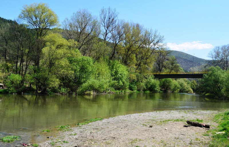 River Bank and the Bridge in the Spring Stock Image - Image of bank ...