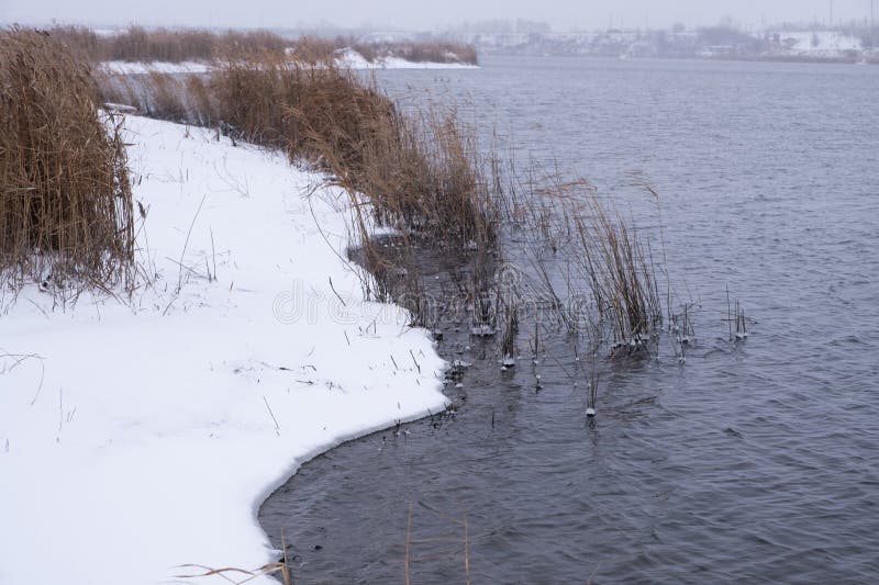 River Bank is Covered with Snow, Winter Natural Landscape during ...