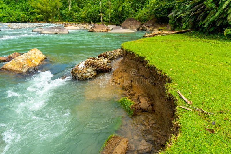 River Bank Erosion and Damage To the Gabion Wall of a River Stock Image ...