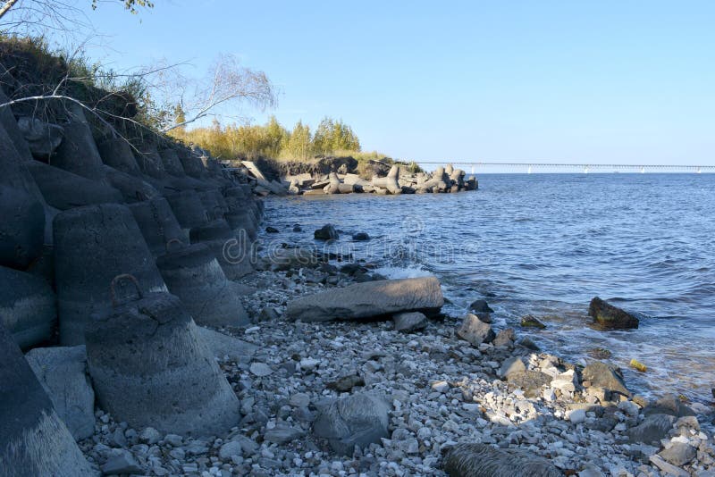 River Bank with Stones and Breakwaters in September Stock Photo - Image ...
