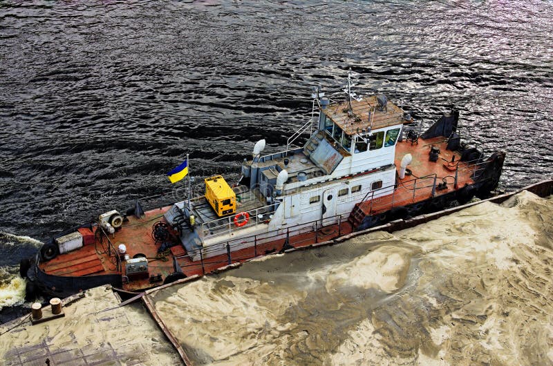 River Barge Loaded with Sand. Close-up View of Cargo Ship Barge Loaded ...