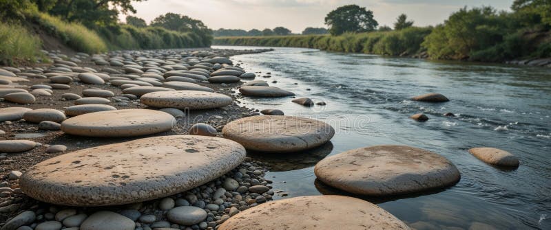 River Bathing Stones Smooth Flat Stones at a Bend in the River S Stock ...