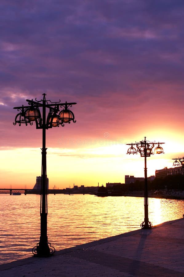River bay stock photo. Image of lamp, street, sunset, decor - 6026152