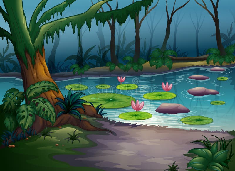 Cartoon pond with lotus stock vector. Illustration of leaf - 11059700