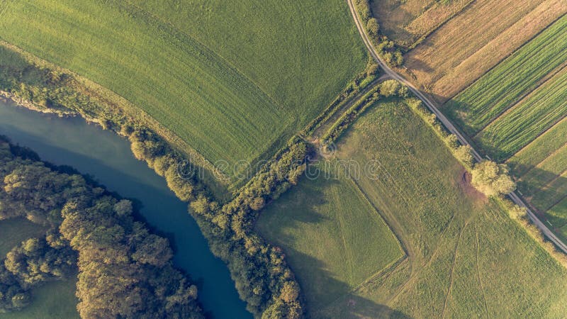 River Bend Surrounded by Fields from Bird`s Eye View. Stock Image ...