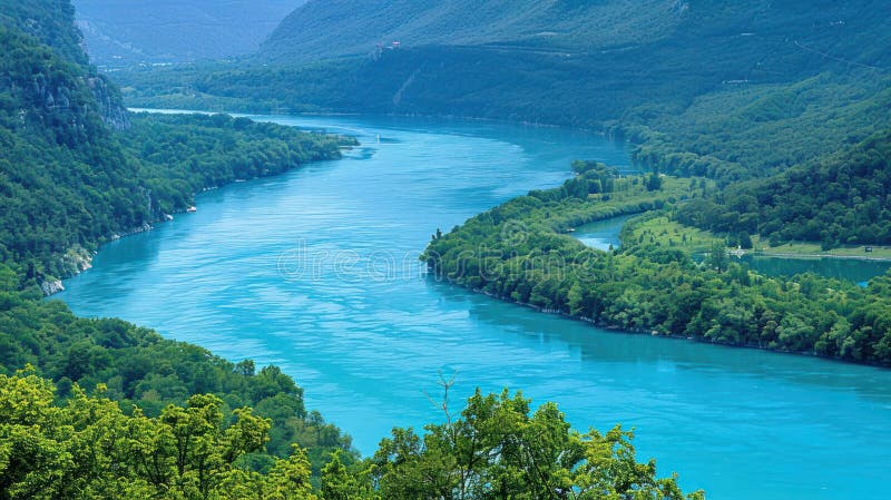 A River with a Blue Color and Green Trees in the Background Stock ...