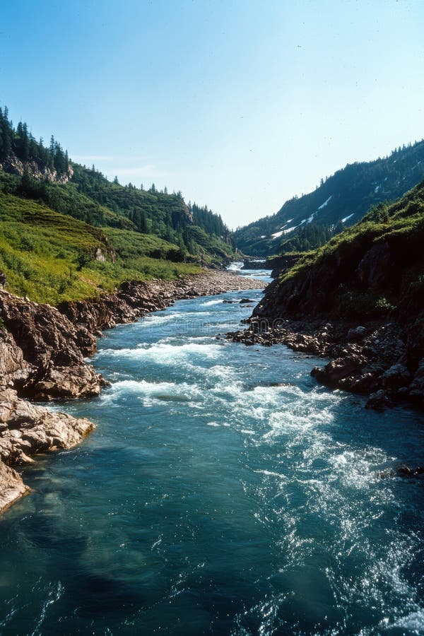 A River with a Blue Color and a Rocky Shore Stock Illustration ...