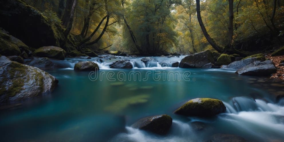 A River with a Blue Color Runs through a Forest. Stock Image - Image of ...