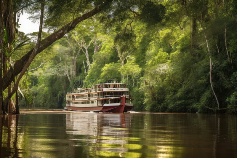 River Boat Cruising through the Dense Amazon Jungle, with Trees ...