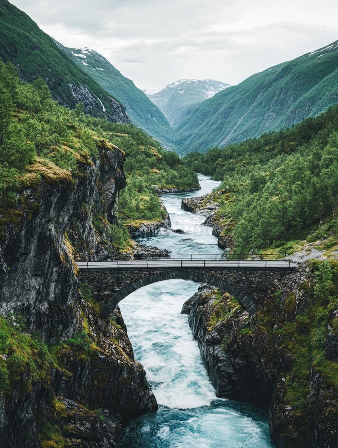 River with a Bridge Over it and Mountains in the Background Stock Image ...
