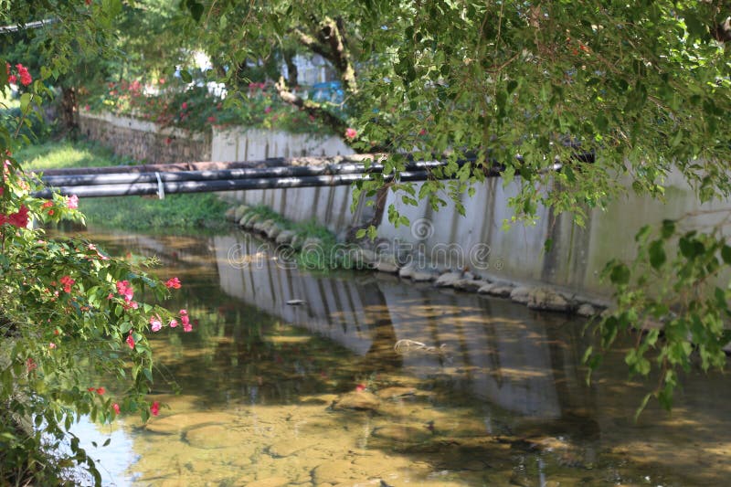 A River with a Bridge Over it and a Wall on the Side Stock Photo ...