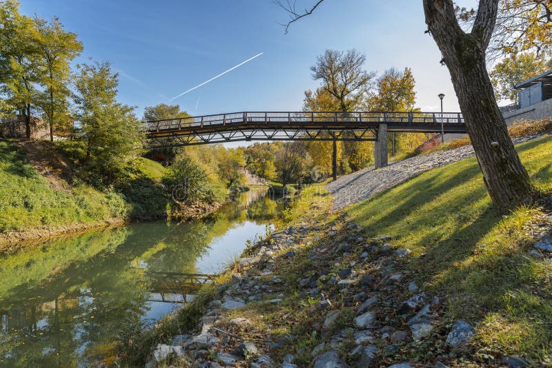 River Bridge with Tree Bushes and Clear Blue Sky Stock Image - Image of ...