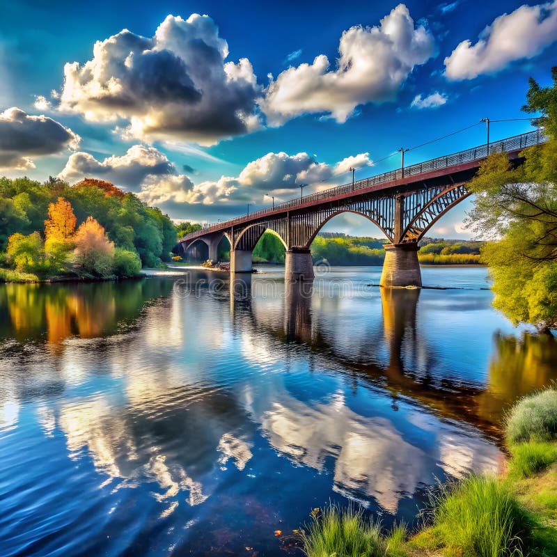 A Scenic View of a Bridge Spanning Over a River, with Calm Water ...