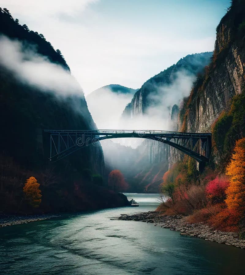 River and Canyon Bridge stock illustration. Illustration of place ...