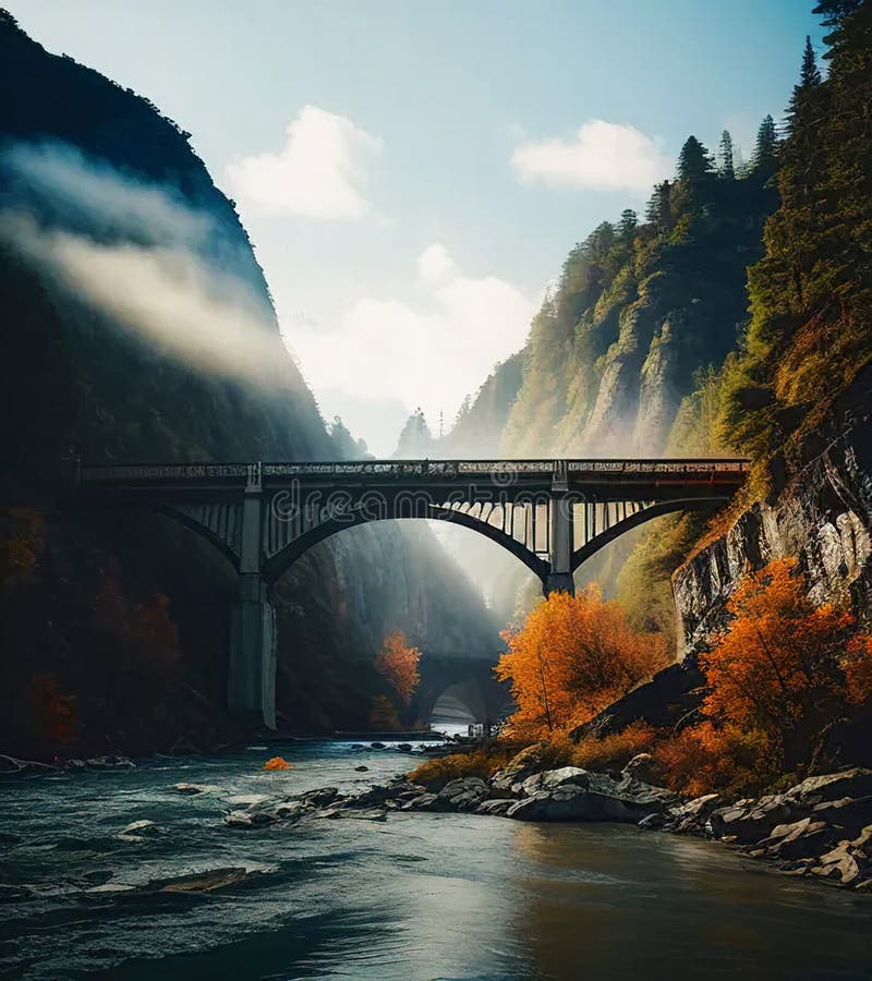 River and Canyon Bridge stock illustration. Illustration of river ...