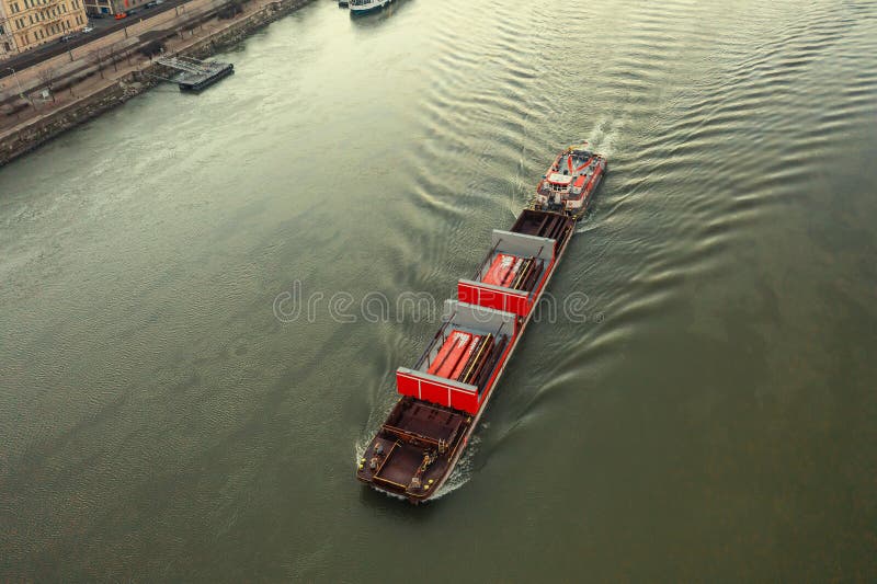 River Cargo Ship is Sailing on River, Transportation of Goods by River ...