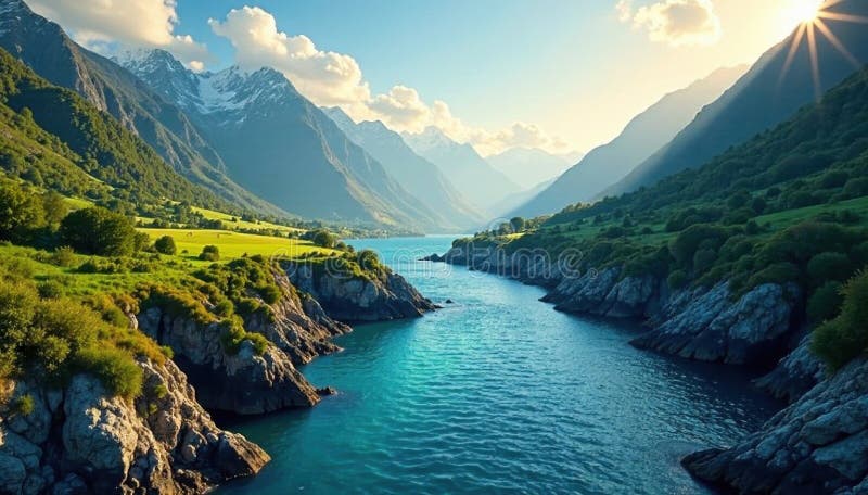 River Carving Path from Mountain Heights To the Sea Environment Water ...