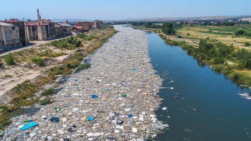 River Choked with Plastic Waste Near Urban Development Stock Image ...