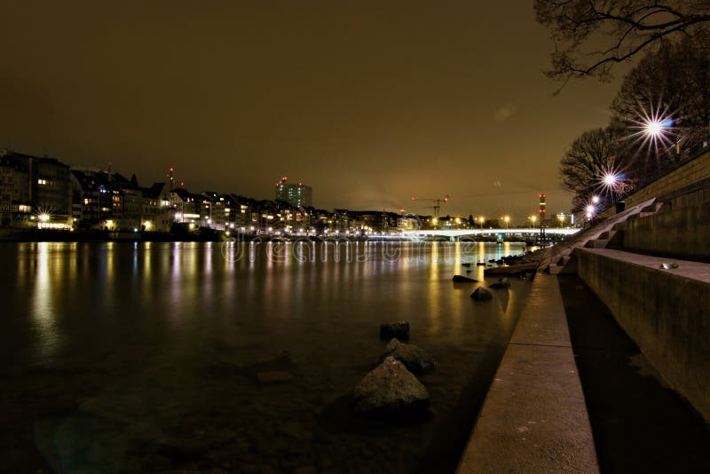 The River in the City Basel at Night Stock Image - Image of water ...