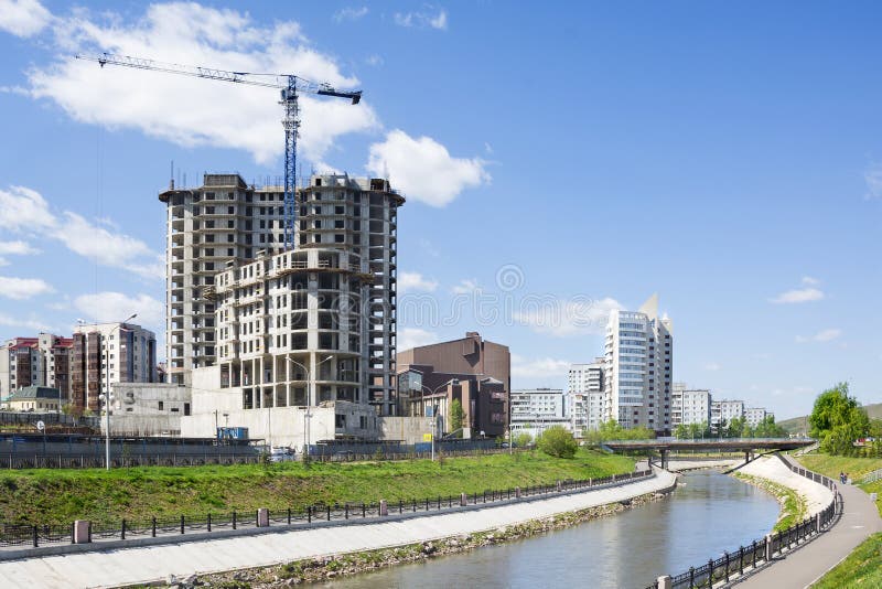 River in City and Construction Building Ashore Stock Image - Image of ...