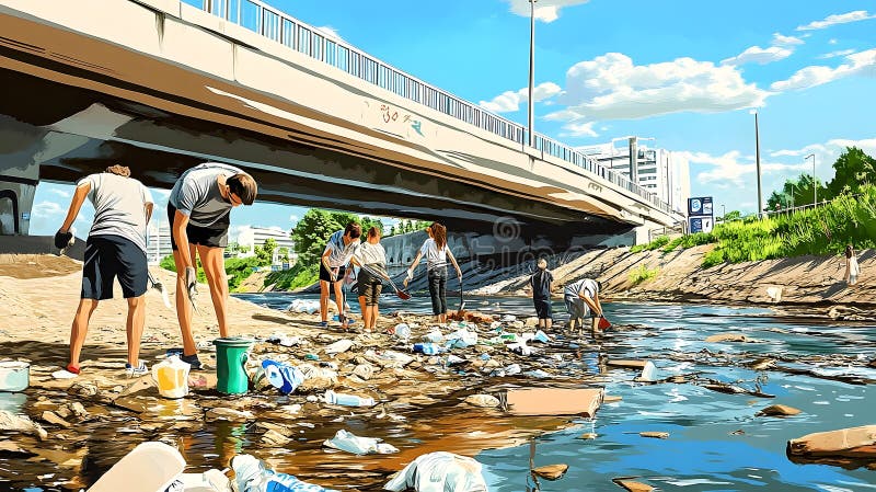 River Cleanup Under Highway Bridge Stock Illustration - Illustration of ...