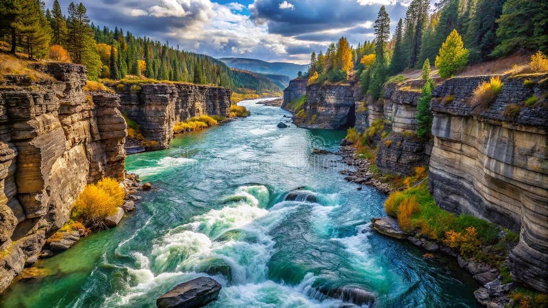 River through Cliffside stock illustration. Illustration of arid ...